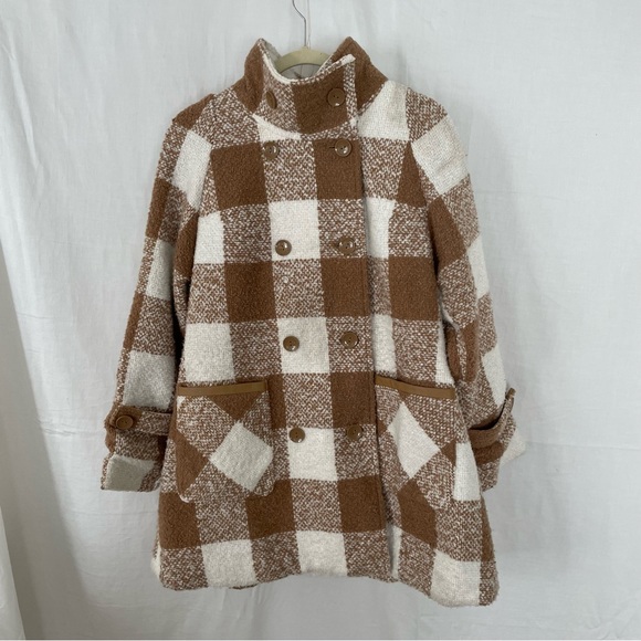 Jackets & Coats | Kc Collections Tan And White Checkered Peacoat | Poshmark